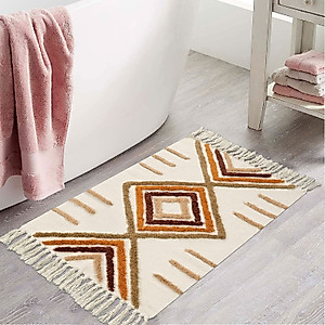 Uphome Small Bathroom Rug 2'x3' Hand-Woven Washable Front Entryway Rug with Tassels, Beige Soft Cotton Diamond Tufted Kitchen Mat Colorful Farmhouse Geometric Throw Rug for Bedroom Foyer Laundry