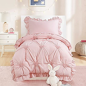 HOMBYS 4 Pieces Pink Princess Toddler Bedding Set for Girls Kids, Ultra Soft Blush Pinch Pleat Comforter Set with Ruffles for All Season