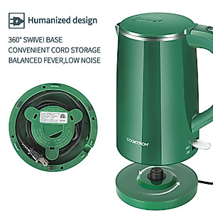 COOKTRON 1.7L Electric Kettle Quiet, Double Wall Hot Water Boiler BPA-Free, Quiet Boil and Cool Touch Tea Kettle, Cordless with Auto Shut-Off & Boil Dry Protection, 1500W Fast Boiling, dark green