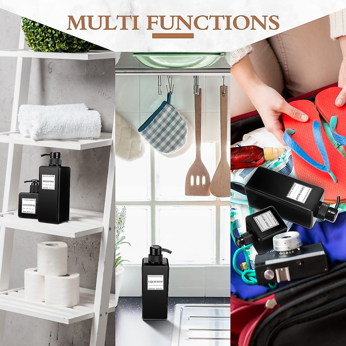 20 Pack 22oz 8oz Shower Refillable Dispenser with 20 Waterproof Labels for Bottles Shampoo and Conditioner Dispenser Square Pump Bottle Refillable Shampoo Bottles for Body Wash (Black)