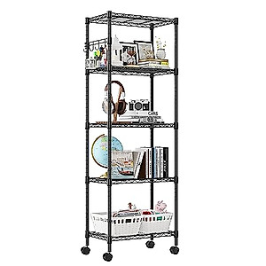 Homdox 5 Tier Wire Shelving Unit on Wheels, Adjustable Storage Racks and Shelving, Heavy Duty Rolling Metal Shelves with Side Hooks for Laundry Bathroom Kitchen Garage Pantry Organization, Black