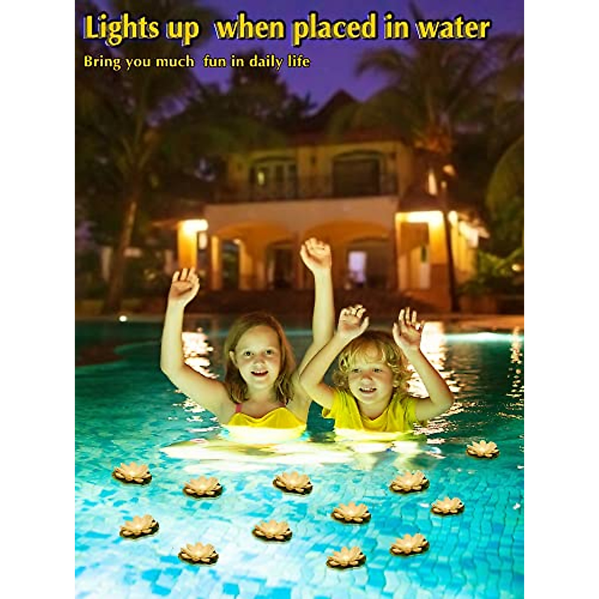 12 Pcs Floating Pool Lights Lotus Floating Lanterns LED Lifelike Floating Lamp Battery Operated Lily Pad Flower Candle Fun Pool Accessories for Pond Decor, Yellow Light (White, 3.94 Inch)