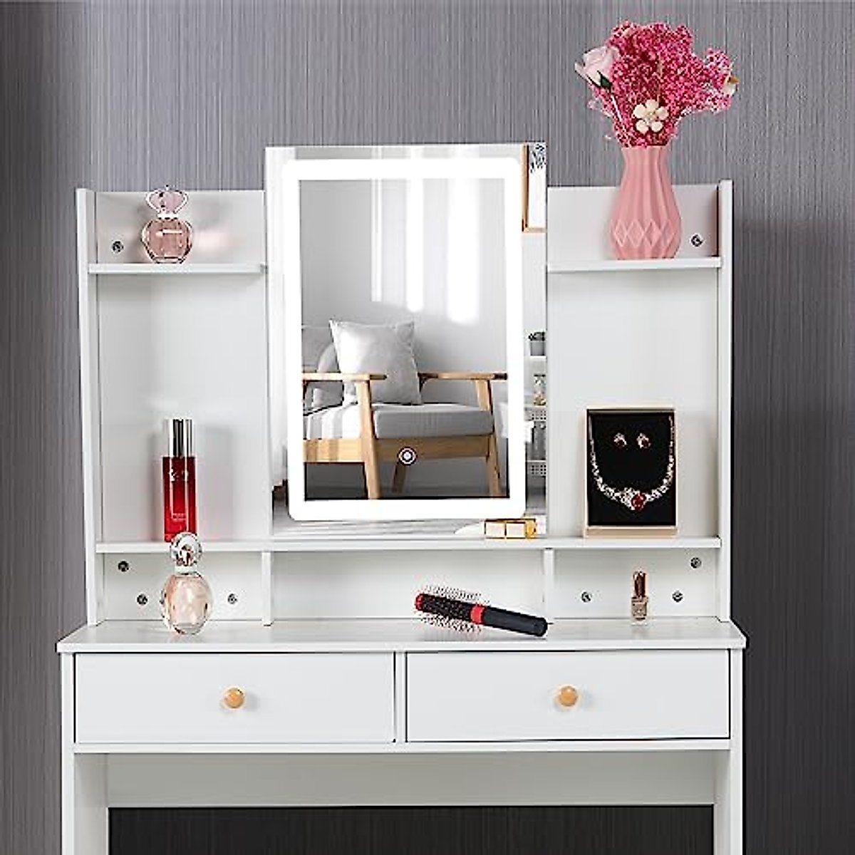 Modern Vanity Table with LED Lighted Mirror, Makeup Vanity Desk with 2 Drawers,Vanity Table Mirror with 3 Color Modes,Multiple Shelves & Cushioned Stool,Dressing Table for Bedroom