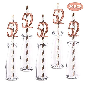 Rose Happy 52nd Birthday Straw Decor, Rose Gold Glitter 24pcs Cut-Out Number 52 Party Drinking Decorative Straws, Supplies