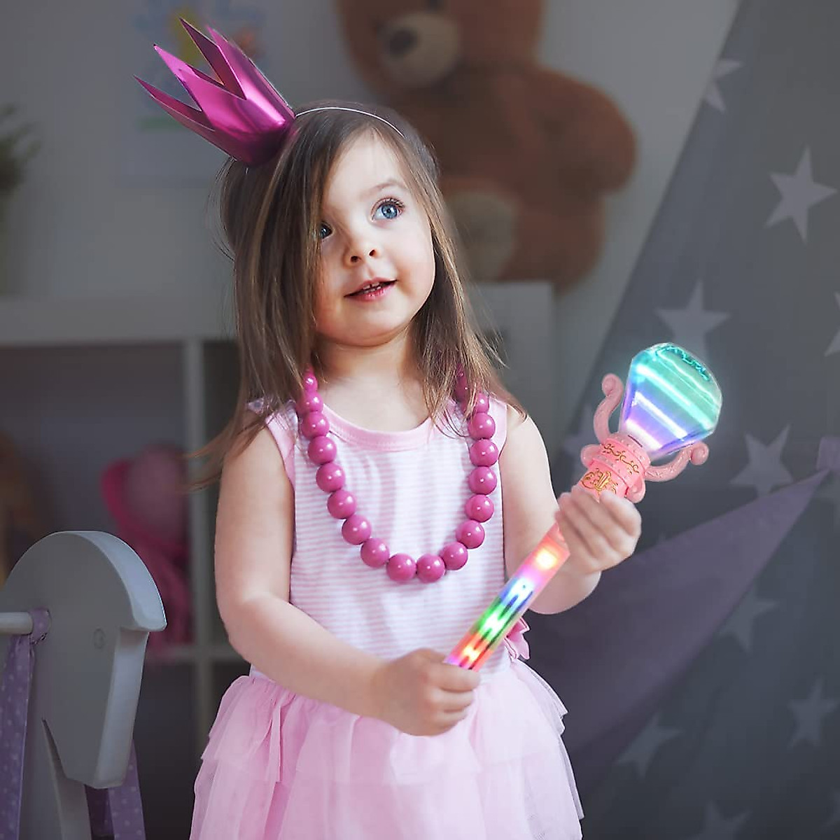 ArtCreativity Light Up Princess Wands for Kids (Set of 2) - Pink and Blue Fairy Wands with Spinning LEDs, Batteries Included - Light Up Wands for Girls and Boys, Perfect Pretend Play Toys