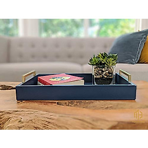 Montecito Home Decorative Coffee Table Tray - Ottoman Tray - Breakfast, Drinks, Liquor Serving Platter - from Farmhouse to Modern - Matte Finish - Champagne Gold Handles - Twilight Blue