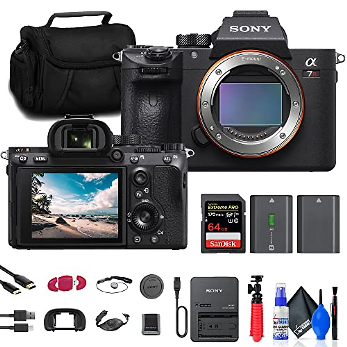 Sony a7R IIIA Mirrorless Camera (ILCE7RM3A/B) + 64GB Memory Card + Bag + Card Reader + Flex Tripod + Hand Strap + Memory Wallet + Cap Keeper + Cleaning Kit