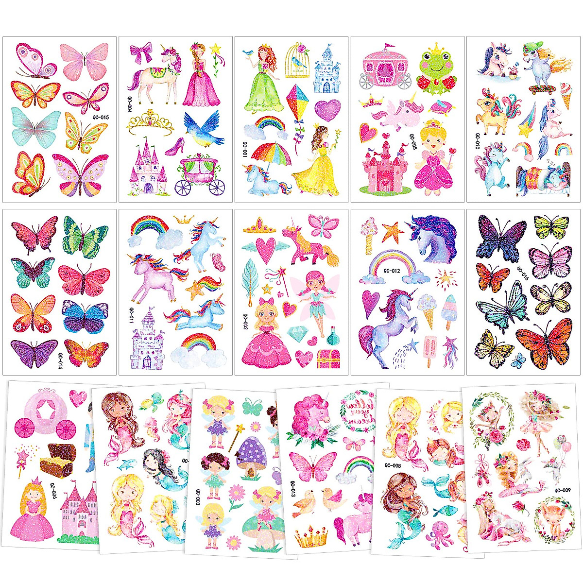 Qpout Glitter Tattoos for Girls, Fake Kids Tattoos for Girls, Princess Butterfly Mermaid Glitter Temporary Tattoos Stickers, Girls Kids Birthday Party Decoration Gifts Bags Filler