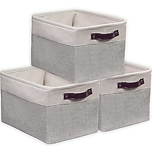 Simple Houseware 3 Pack Grey Fabric Storage Bin with Leather Like Handles