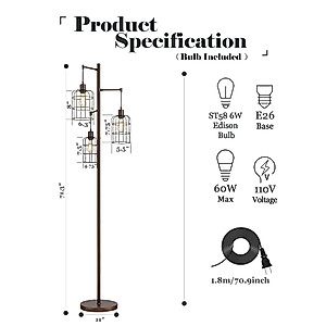ELYONA Upgraded Industrial Dimmable Floor Lamp & Wood Desk Lamp with Wireless Charging & USB Port, Swing Arm, LED Bedside Table Lamp for Bedroom, Adjustable Reading Task Lights for College Dorm