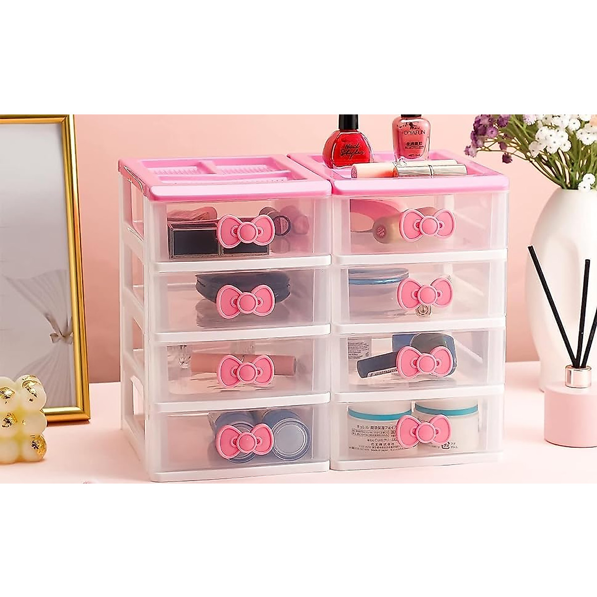 WQURC Lovely Girls Receiving Storage Cabinets Box Room Desktop Makeup Organizer With Four-tier Desk Receiving Drawers N Pink Bowknot (1)