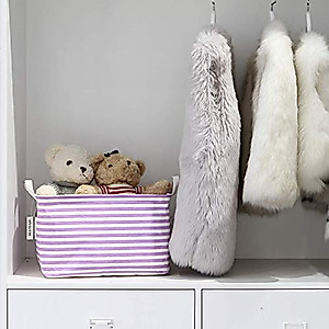 Sea Team 19.7-Inch Canvas Laundry Hamper and 16.5-Inch Canvas Storage Basket Bundle, Purple Stripe