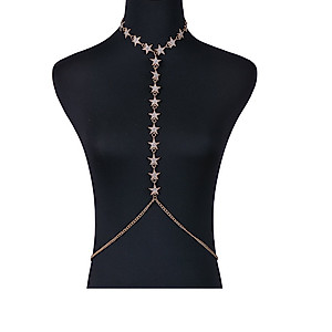 Elegant Luxury Harness Summer Bikini Body Chain Necklace Simple Star Choker Bralette Belly Waist Chain Jewelry Gold for Women Party Beach Accessories