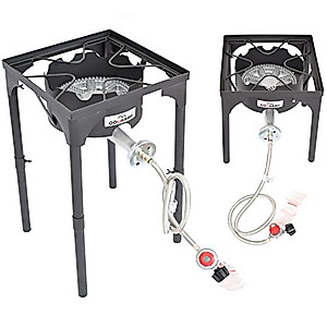 COOKAMP High Pressure Propane Burner Banjo Single Wok Burner with Adjustable Height. 0-20 PSI Adjustable Regulator and Steel Braided Hose SA1550