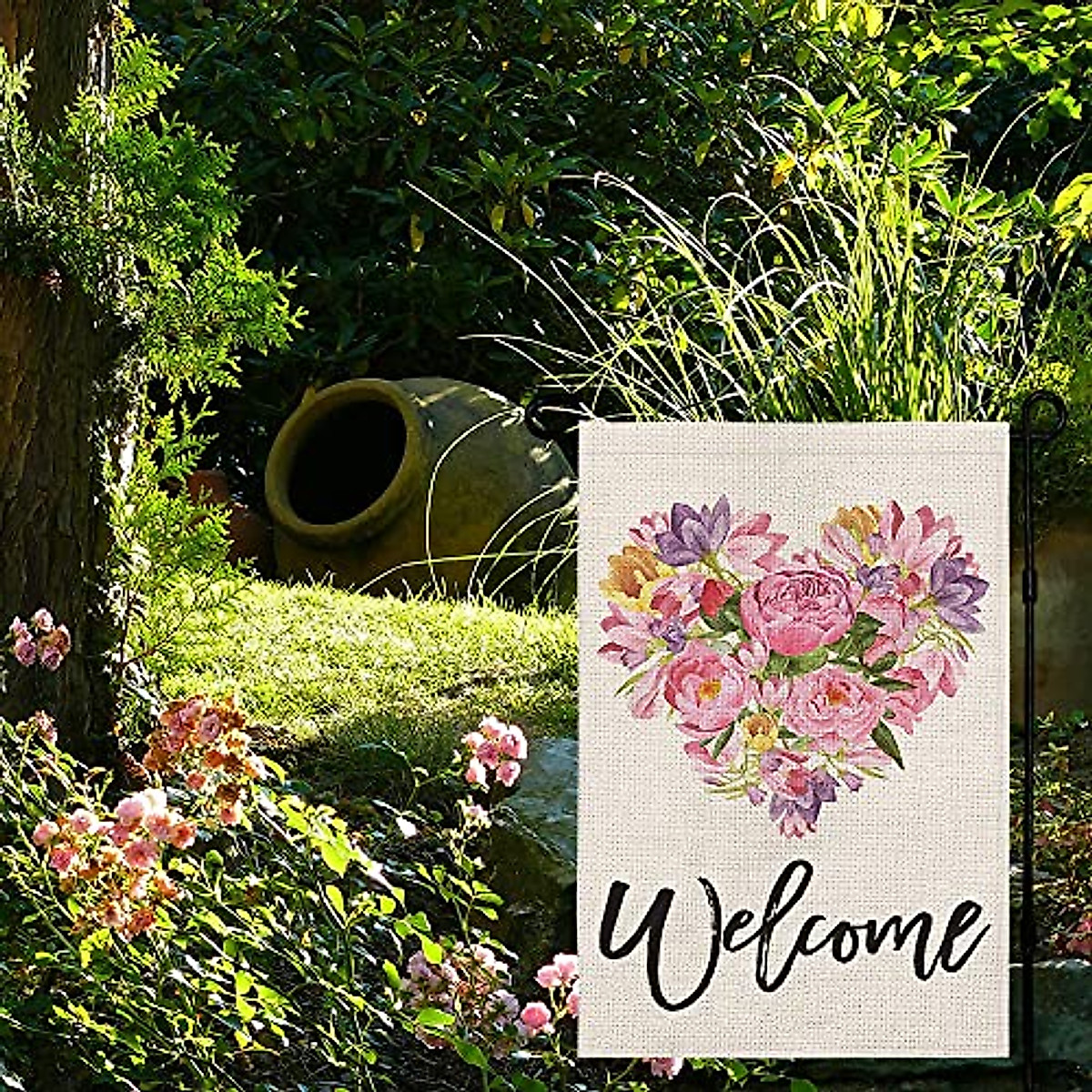 CROWNED BEAUTY Spring Garden Flag Floral Welcome 12×18 Inch Double Sided Outside Purple Flowers Heart Vertical Holiday Yard Decor