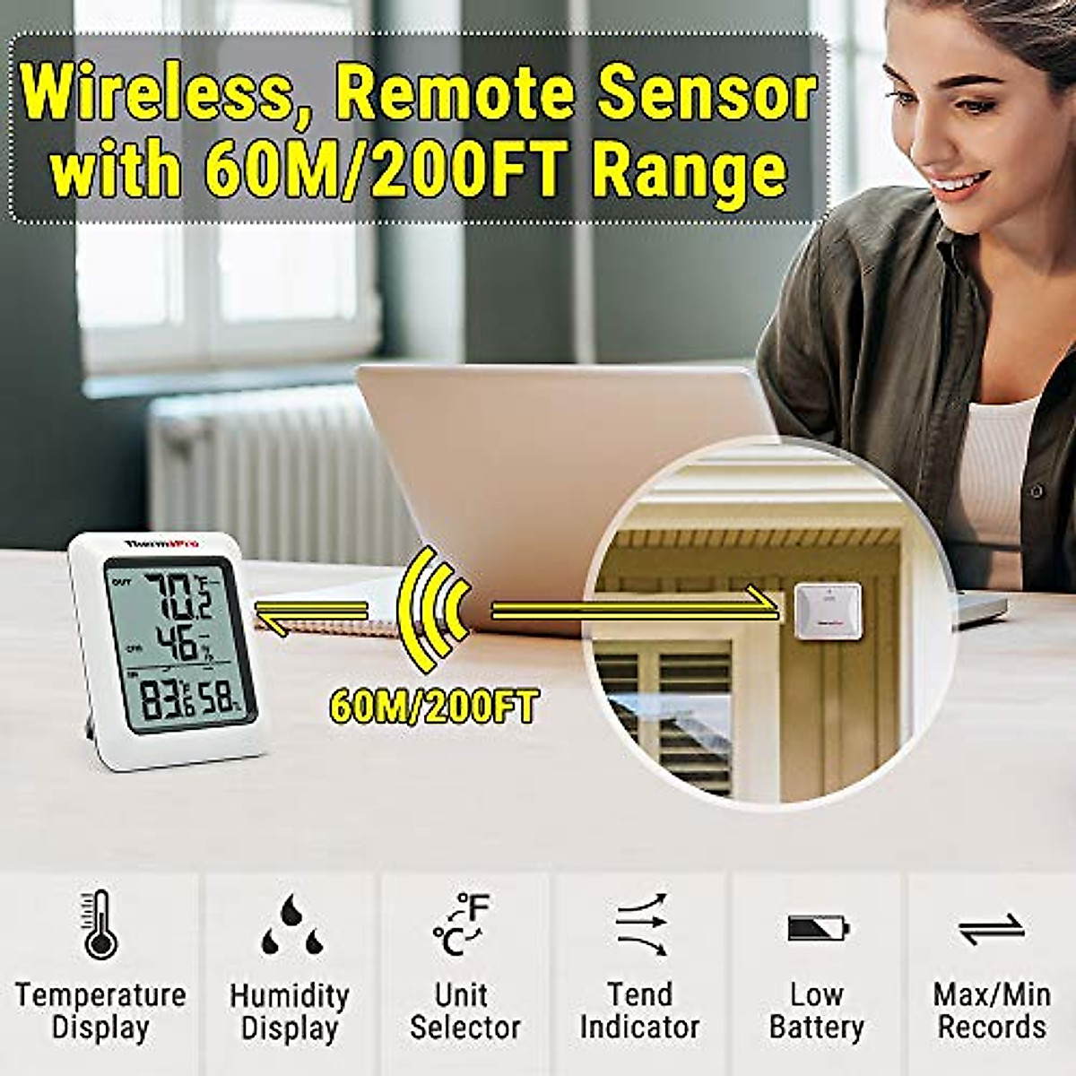 ThermoPro TP60 Digital Hygrometer Indoor Outdoor Thermometer Wireless Temperature and Humidity Gauge Monitor Room Thermometer with 200ft/60m Range Humidity Meter