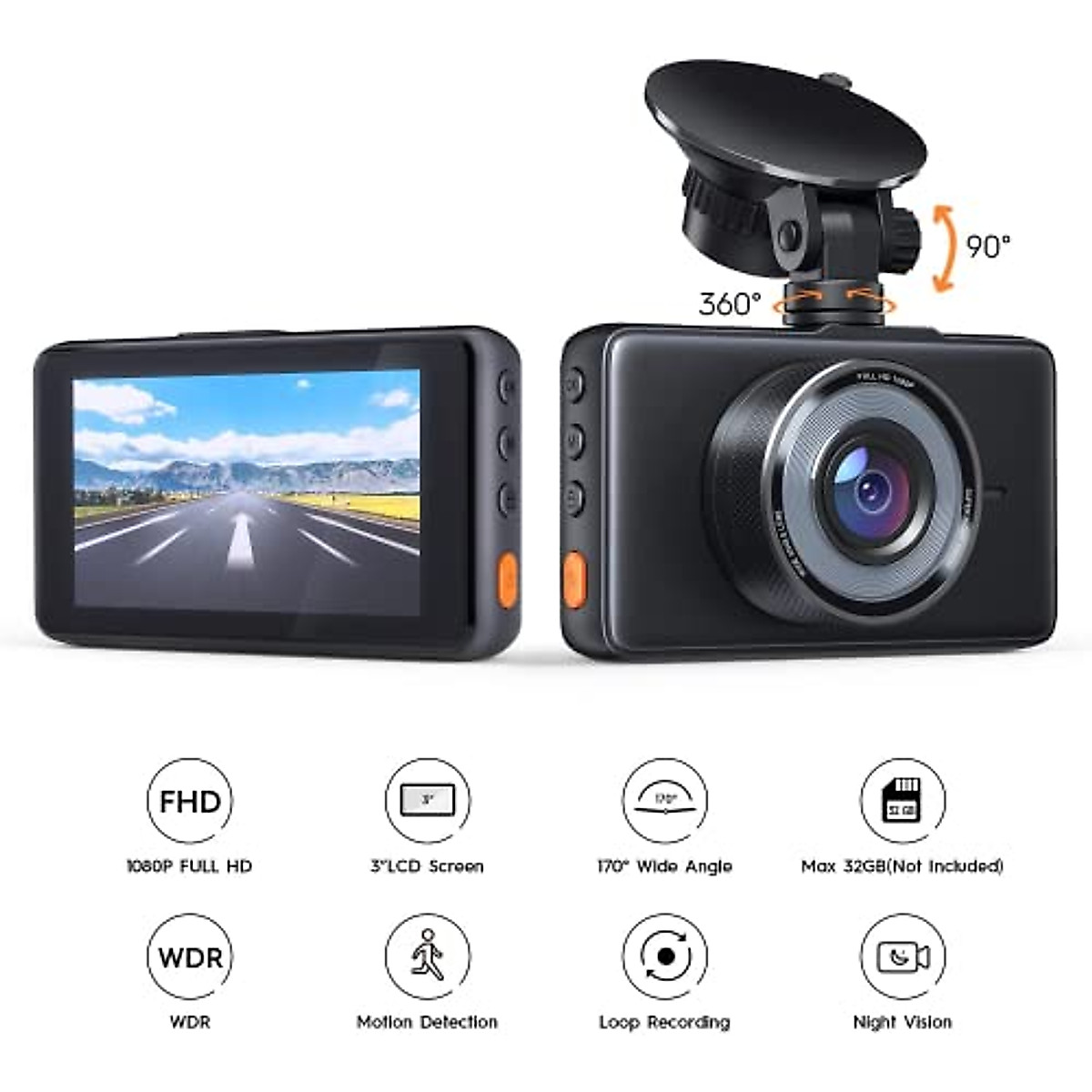 DAJKRTIA Dash Cam 1080P Car Dash Camera, Super Night Vision Driving Recorder 3 Inch LCD Screen 170° Wide Angle, G-Sensor, Accident Record, Loop Recording