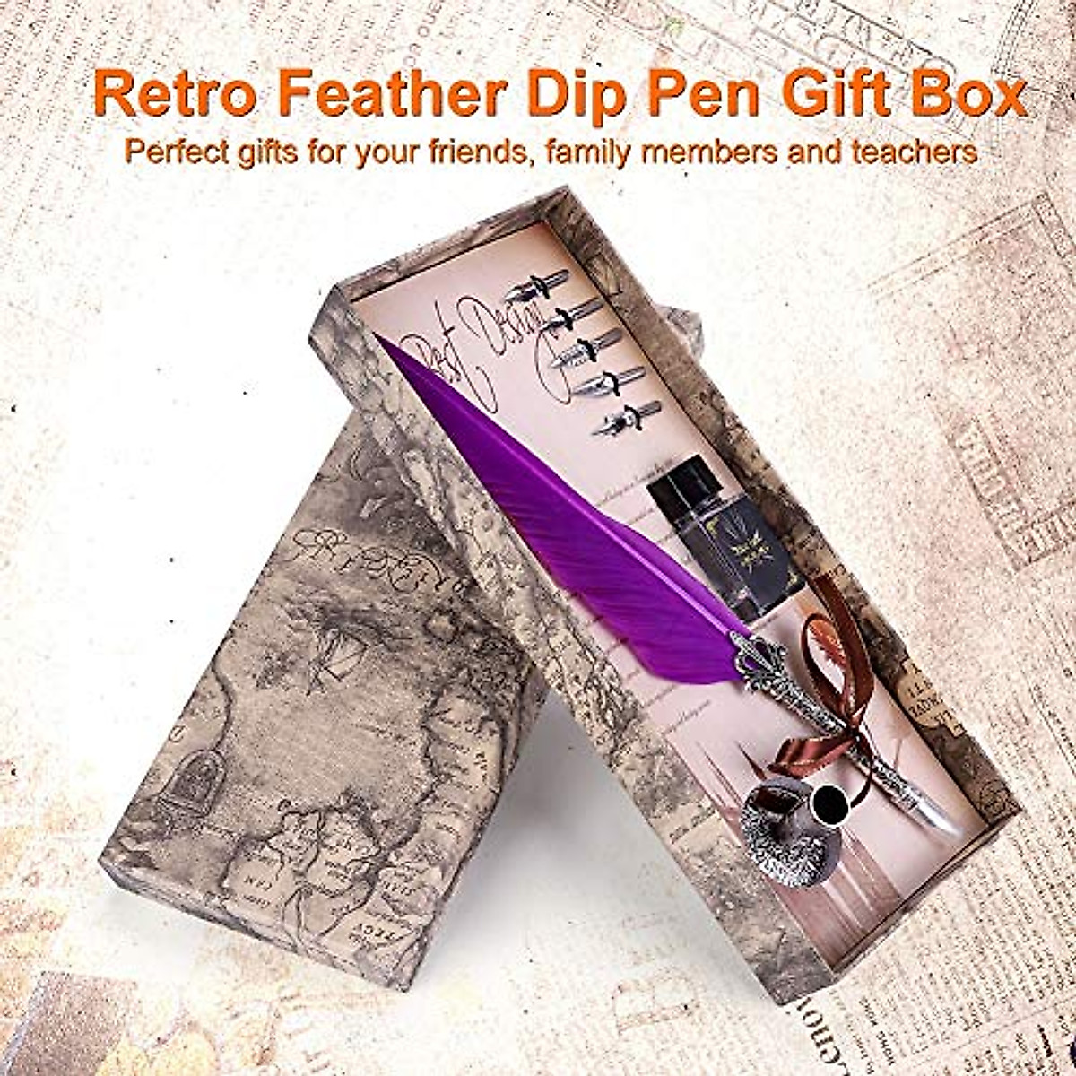 Feather Pen European Retro Feather Quill Alloy Pen Dip Nibs Calligraphy Writing Pen Gift Set for Couples, friends, colleagues, elders, teachers,etc ()