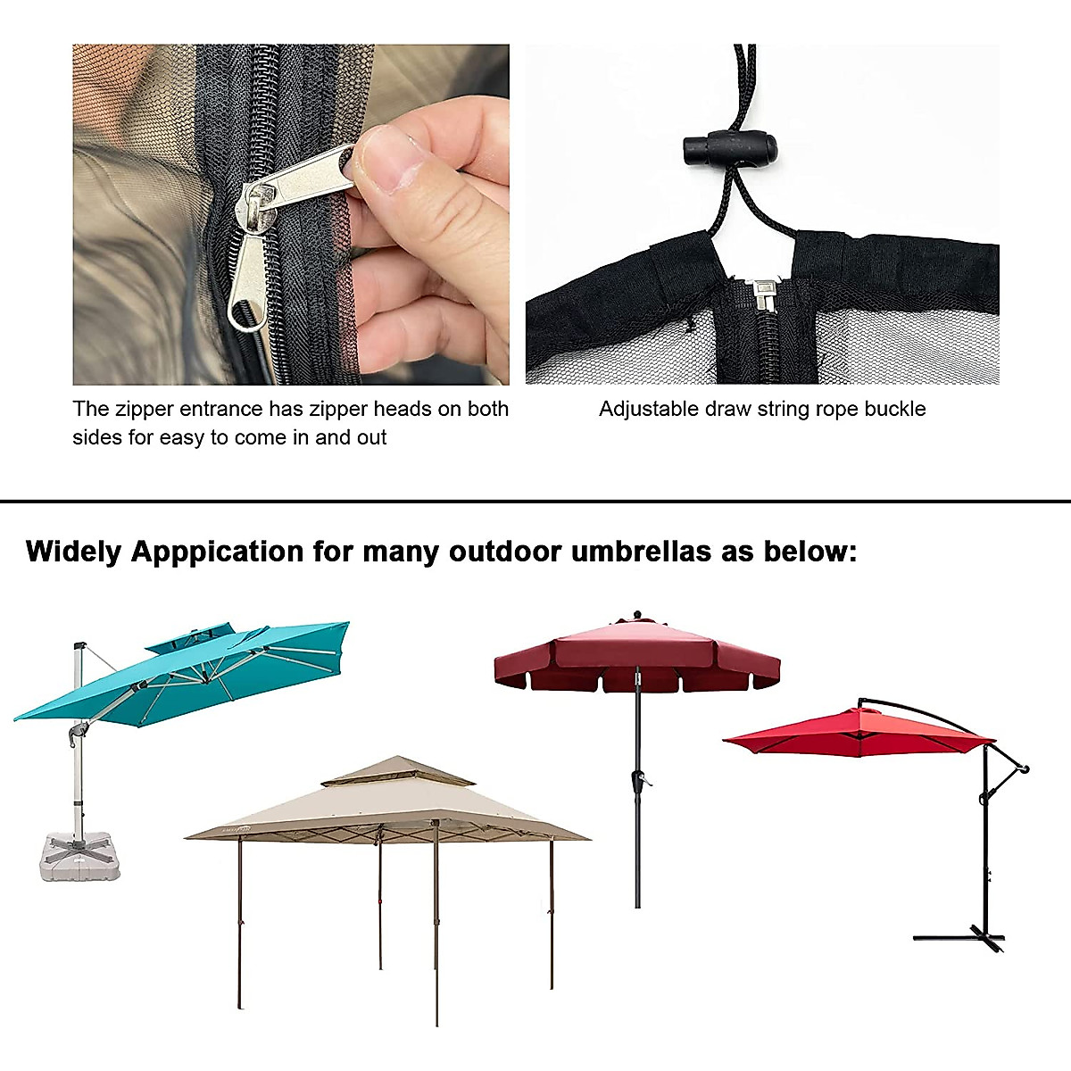 7.5-11 FT Patio Umbrella Mosquito Net, Polyester Mesh Umbrella Screen, Universal Canopy Umbrella Mosquito Netting with Zipper Door and Adjustable Rope, Fit Outdoor Umbrellas and Patio Tables