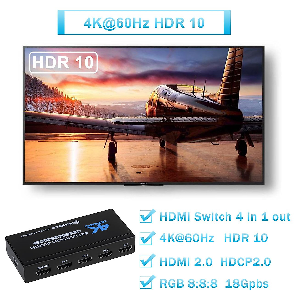 4K HDMI Switch 4x1, 4K@60Hz 4 in 1 Out HDMI Switcher Selector with IR Remote Control, Supports HDCP 2.2 4K@60Hz UltraHD HDR10 3D HD1080P Dolby DST, HDMI Splitter for PS4 Xbox Apple TV Fire Stick