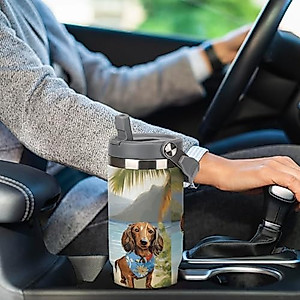 30oz Stainless Steel Insulated Tumbler with Flip Lid & Straw, Leakproof Travel Mug for Car, Dachshund Tropical Painting Art Double Wall Vacuum Thermal Coffee Cup with Handle, Spill-Proof Design for Ho