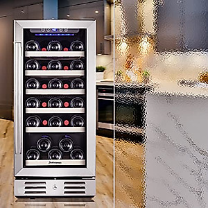 Kalamera Mini Fridge 15" Wine Cooler Refrigerator - 30 Bottle Wine Fridge with Stainless Steel Refrigerator& Double-Layer Tempered Glass Door and Temperature Memory Function Built-in or Freestanding