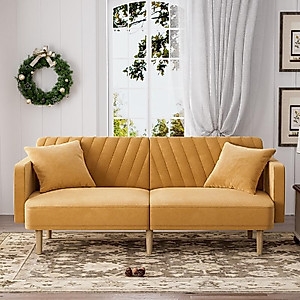 DAMAIFROM Velvet Futon Sofa Bed Set of 2, Mid Century Modern Loveseat Sofa, Convertible Sleeper Sofa Couch with Split Backrest, 75" Futon Couch for Living Room Small Spaces (Ginger