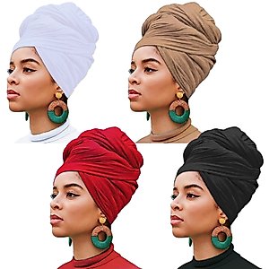 XTREND 4 Pieces Stretch Head Wrap Jersey Turban Fashion Headband Solid Color Bohemian Extra Long Hair Scarf Soft Breathable Easy to Knot Turban Tie for Women (Black, Camel, White, Wine Red)
