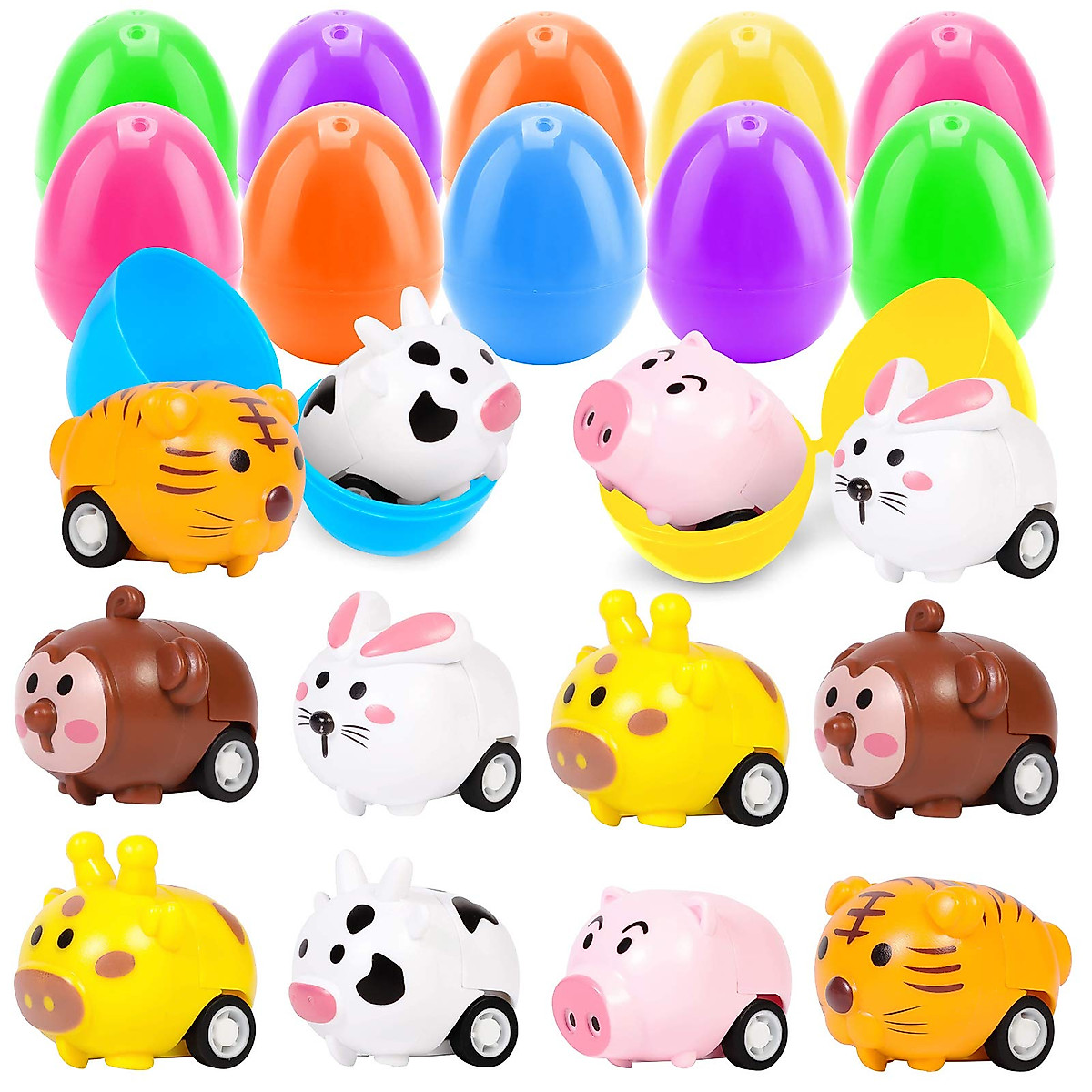 Evoio 12 Pack Easter Eggs Prefilled with Pull Back Cars, Mini Little Vehicles Car Toys for Easter Party Favors, Easter Basket Stuffers, Easter Egg Pinata Fillers, Goodie Bags Fillers, Classroom Prizes