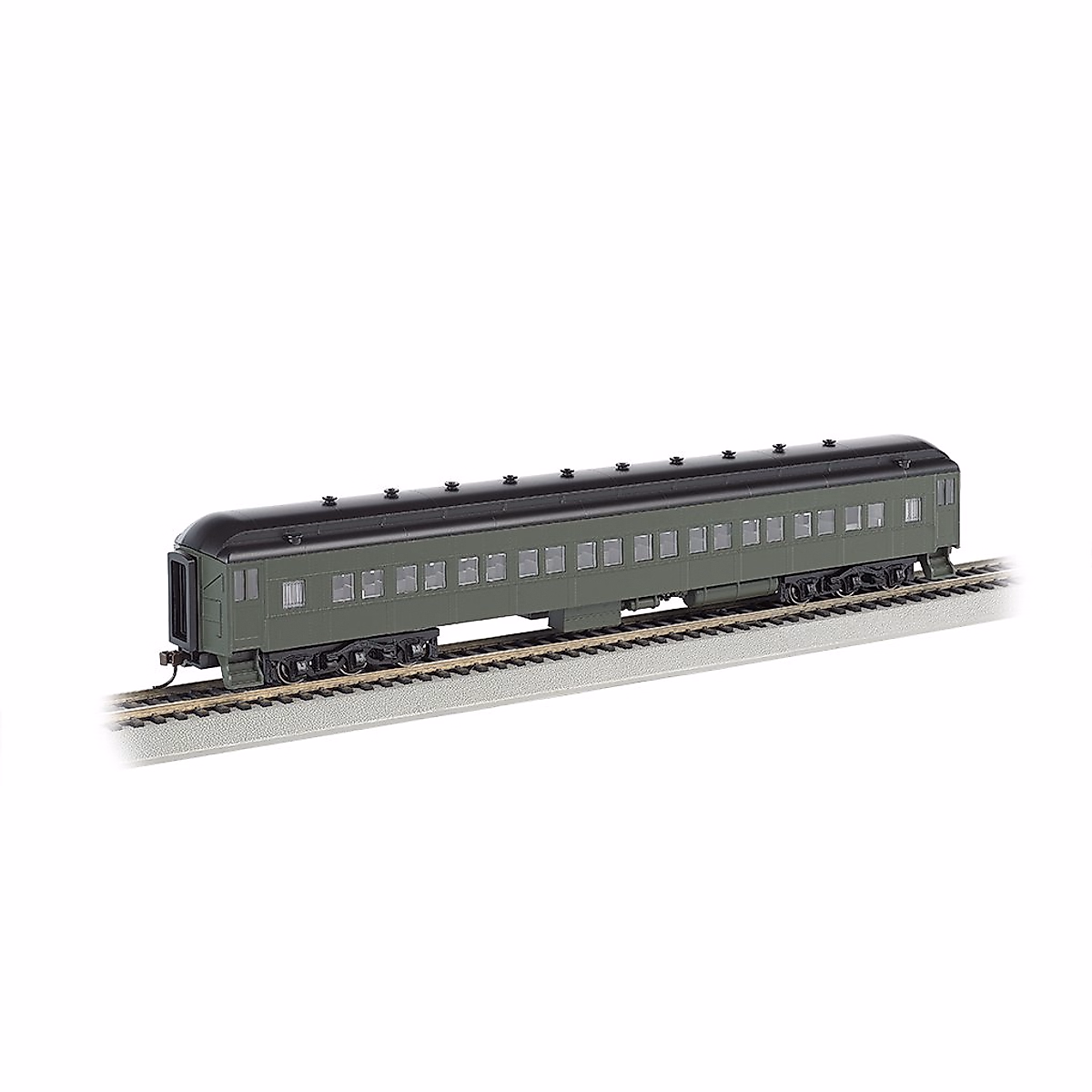 Bachmann Industries Painted Unlettered Pullman Green Ho Scale 72' Heavyweight Coach Car with Lighted Interior