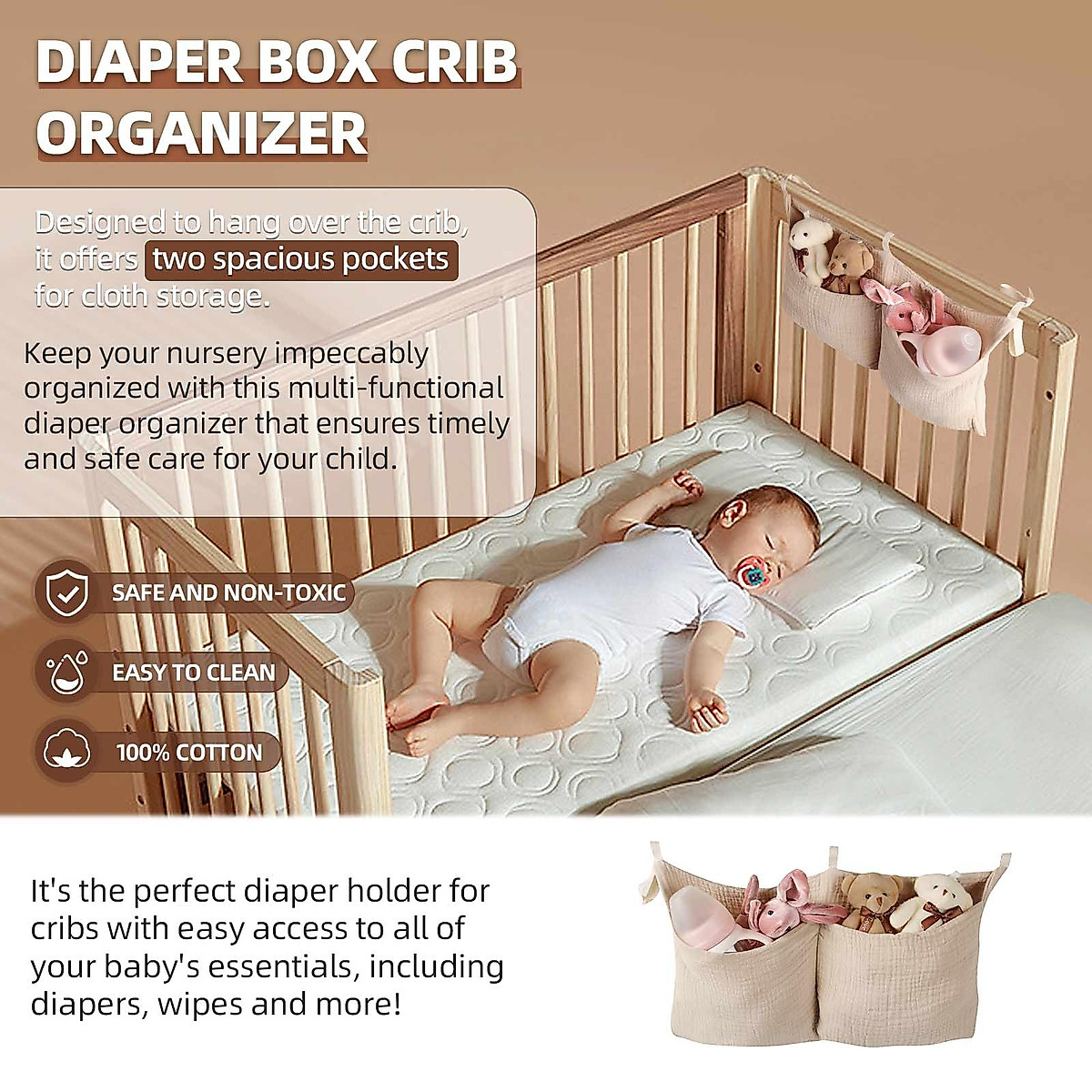LuQiBabe 8"x15" Diaper Caddy and Organizer for Changing Table Crib Multi-Functional Hanging Diaper Stacker Nursery Organizer for Cribs Diaper Holder Baby Crib Hanging Storage and Accessories - Khaki