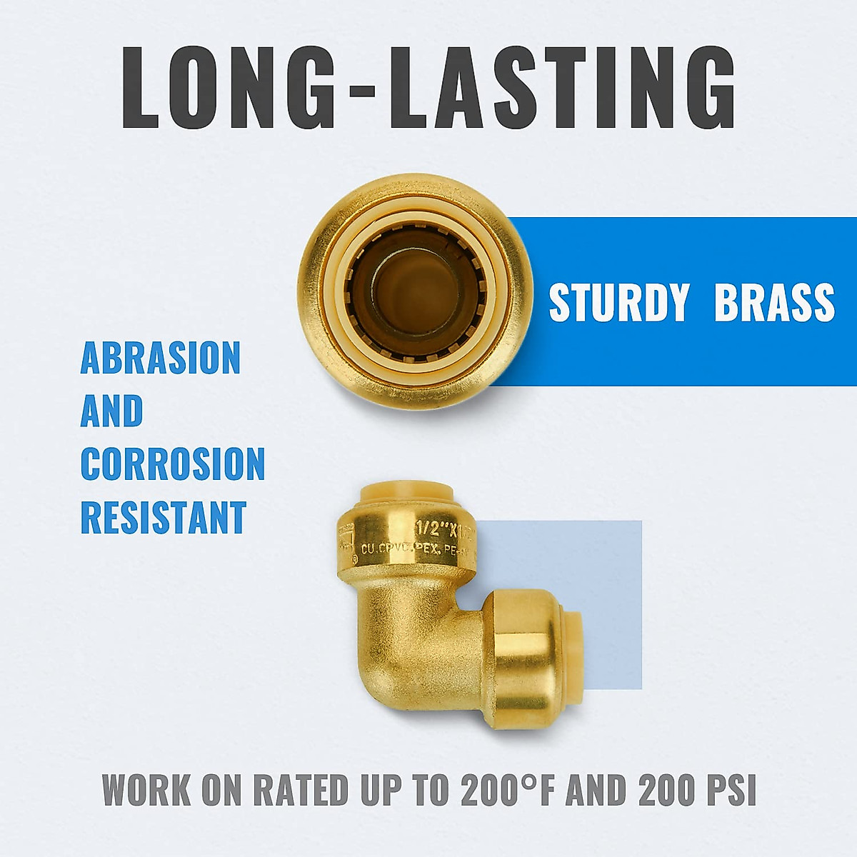 SUNGATOR 1/2" Elbow, Pushfit 90 Degree Elbow, No Lead Brass Plumbing Fitting 1/2" 90 Elbow, Push to Connect PEX, Copper, CPVC, with 1 Disconnect Clip, Pack of 12