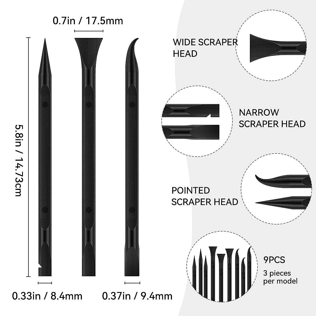 9 Pieces Plastic Scraper Tool for Tight Spaces, Non-Scratch Kitchen Scraper Cleaning Pen, Perfect for Remove Stickers, Labels, Oil Stains, Food, Dirt (Black)