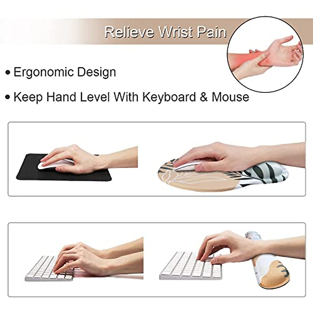 iLeadon Mouse Pad Wrist Support Keyboard Wrist Rest Set, Ergonomic Mouse Pad with Non-Slip Base for Computer Home Office + Coasters, Easy Typing & Pain Relief Mouse Mat, Tropical Leaves