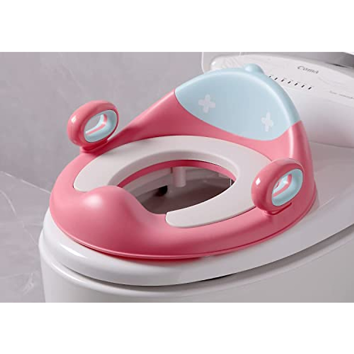 Potty Training Seat with Soft PU Cushion Handles Backrest Splash Guard for Toddlers Kids Boys Girls (pink)