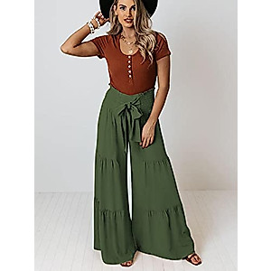 Atoindemiy Women's Boho Elastic High Waisted Ruffle Hem Wide Leg Loose Yoga Palazzo Pants with Belt (XL, SLJH004)