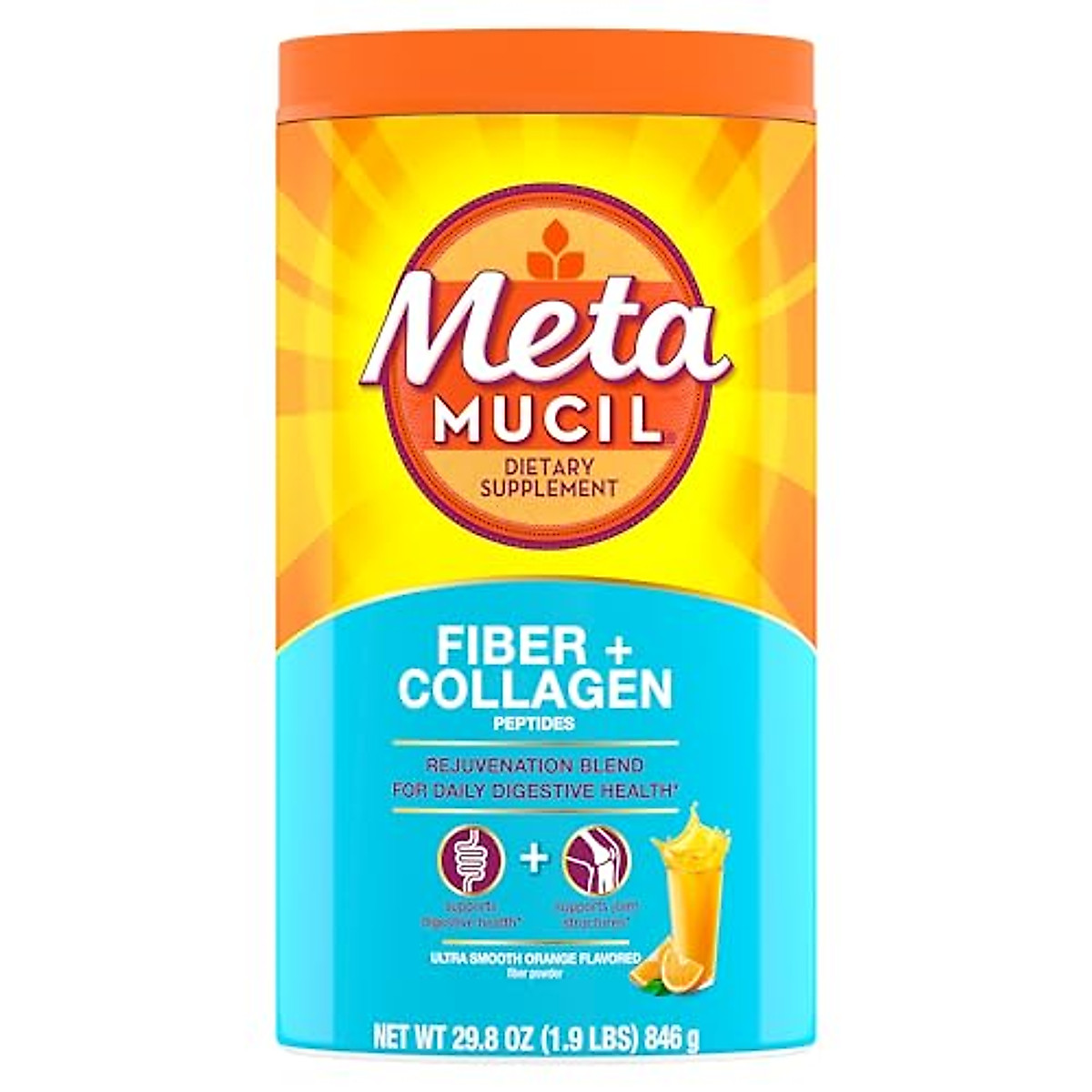 Metamucil Daily Fiber + Collagen, Psyllium Husk Powder, Plant Based, Sugar-Free with Stevia, 3-in-1 Fiber for Digestive Health, Orange Flavored, 90 Doses (29.8 OZ Fiber Powder)