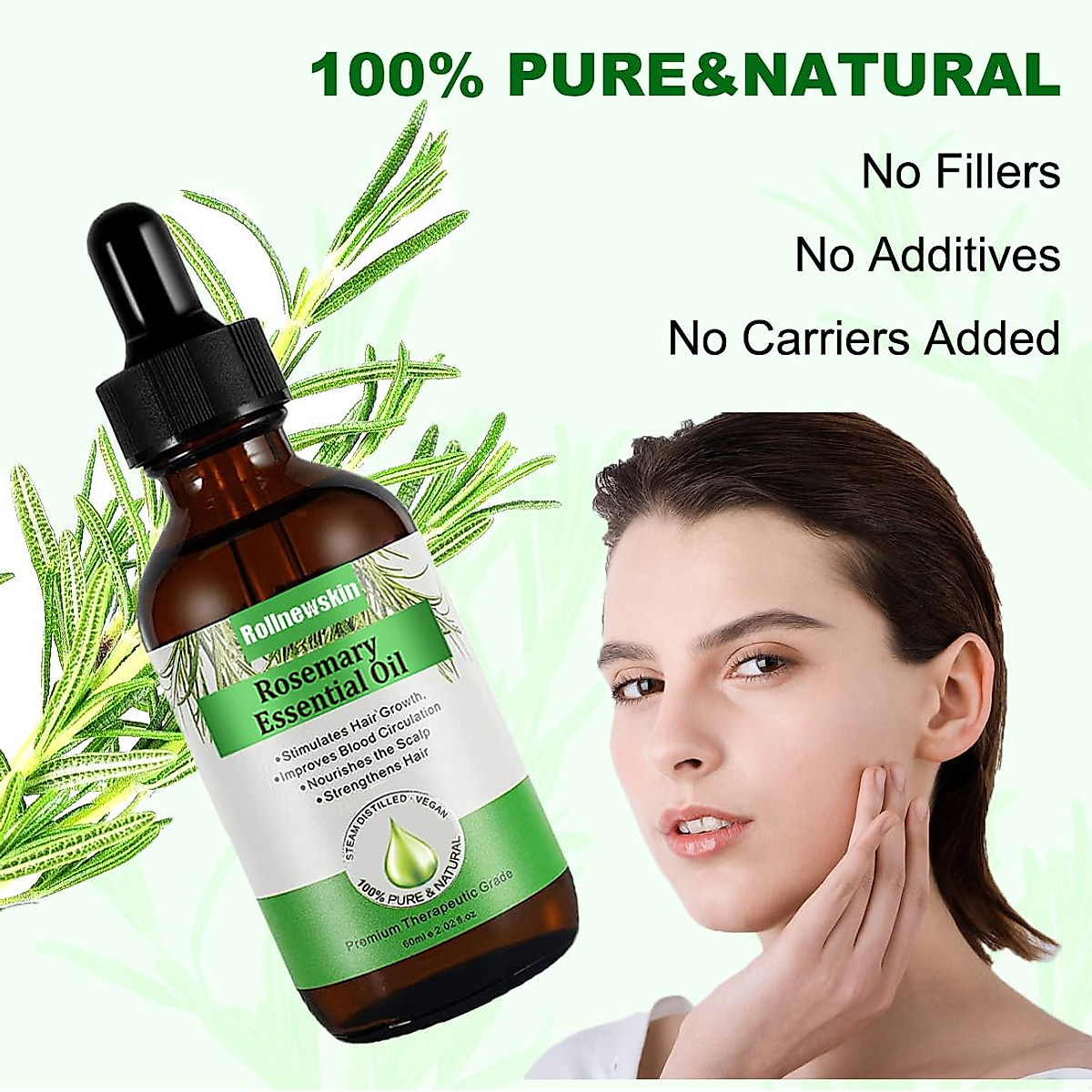 Rollnewskin Rosemary Oil for Hair Growth - Rosemary Essential Oil for Hair Growth, nourishes Beards, moisturizes Eyelashes and Cares for Skin (60ml)