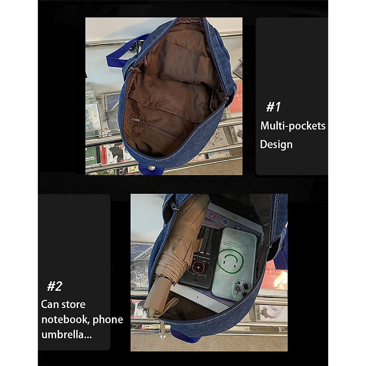 ZEHO Denim Backpack Jeans Backpacks Student Backpack High School Bookbags Retro Daypack, Dark Jean Blue One Size