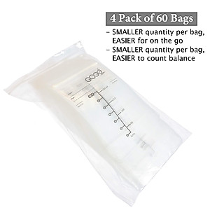 240 CT (4 Pack of 60 Bags) Best Value Pack Breastmilk Storage Bags - 7 OZ, EACH PRE-STERILIZED By Gamma Ray, BPA Free, Leak Proof Double Zipper Seal, Self Standing, for Refrigeration and Freezing