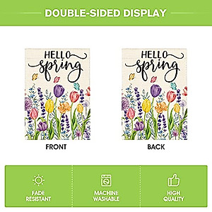 AVOIN colorlife Hello Spring Tulip Lavender Garden Flag 12 x 18 Inch Double Sided, Seasonal Flower Yard Outdoor Flag