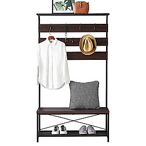 Entryway Coat Rack Bench, Modern Hall Tree with Storage Bench, Wood and Metal Hallway Bench with Coat Rack, 39x70 Inch Espresso