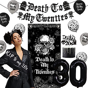 Vlipoeasn Death to My 20s Decorations for Her or Him, Death to My Twenties Backdrop, Banner, Sash, Cake Topper and Balloons for 30th BirthdayDecorations, Dirty 30 Year Old Birthday Party Supplies