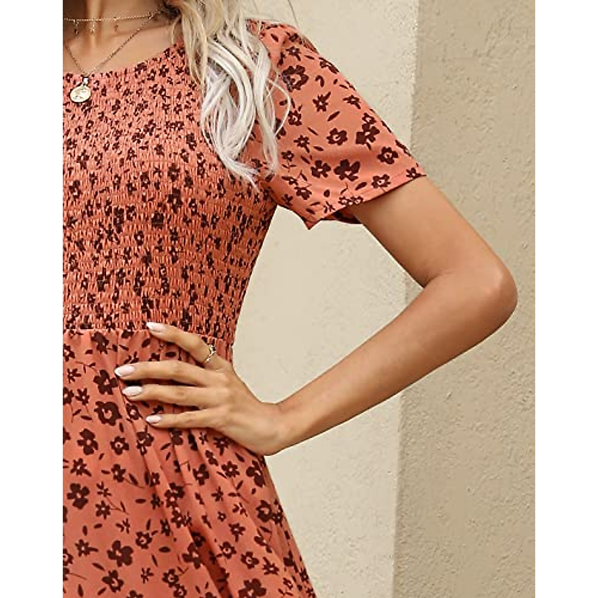 Maggeer 2023 Womens Summer and Fall Maxi Dress Modest Smocked Tiered Floral Short Sleeve Dress for Women Floral XL