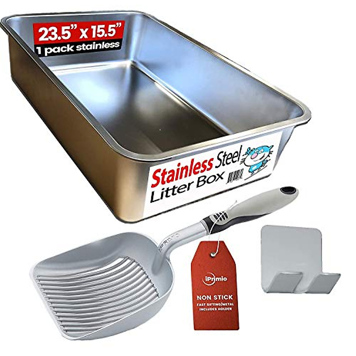 iPrimio Stainless Steel Cat XL Litter Box and Cat Litter Chrome Scooper - Shovel & Pan for Sifting Kitty Cats Litter, Rust Resistant, Comfy Grip, Ergonomic Handle