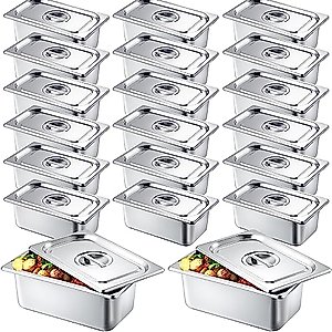 Zubebe 16 Pack Hotel Pan with Lid 4 Inch Deep Steam Table Pan 0.9 mm Thick Stainless Steel Pans Anti Steam Commercial Food Pans for Restaurant Buffet Event Catering Supplies (1/4 Size x 4 Inch Deep)