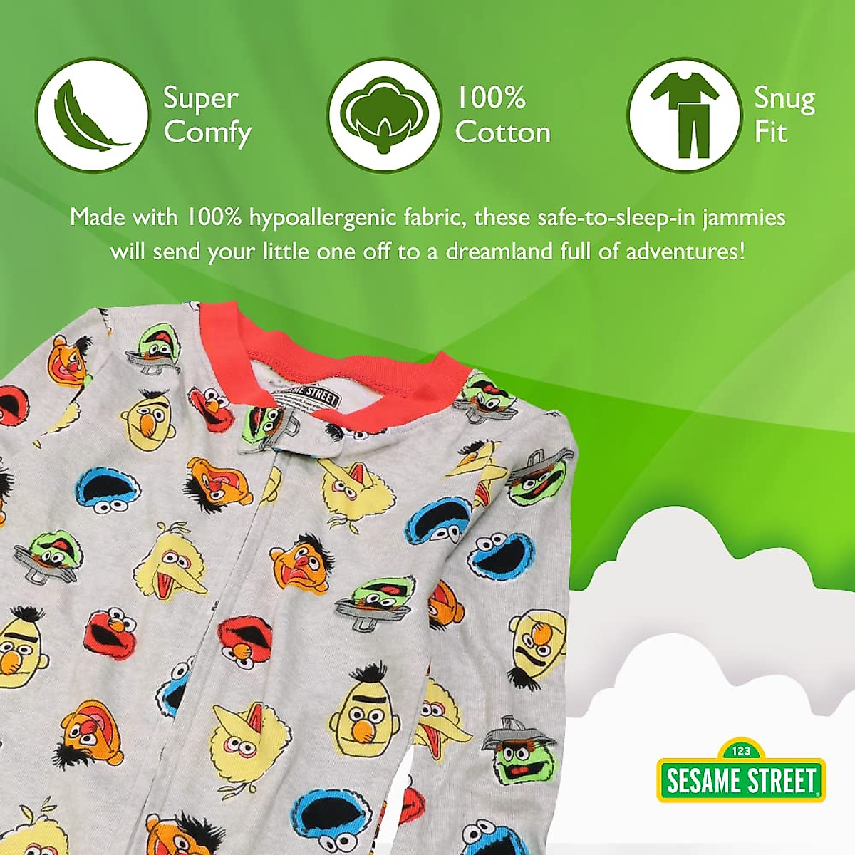 Sesame Street Girls' Footless Snug-fit Cotton Onesie Pajama, Soft & Cute for Kids, Grey, Orange, Blue, Green, Yellow, 2T