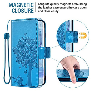 Asuwish Compatible with Oppo Reno 6 5G Wallet Case and Tempered Glass Screen Protector Flip Purse Accessories Wrist Strap Credit Card Holder Stand Cell Phone Cover for Reno6 2021 Women Men Blue