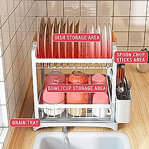 Alienustack Dish Drying Rack with Draining Plate, Dish Rack Cutlery Rack with Water Outlet, Stainless Steel Draining Rack for Kitchen Top - White