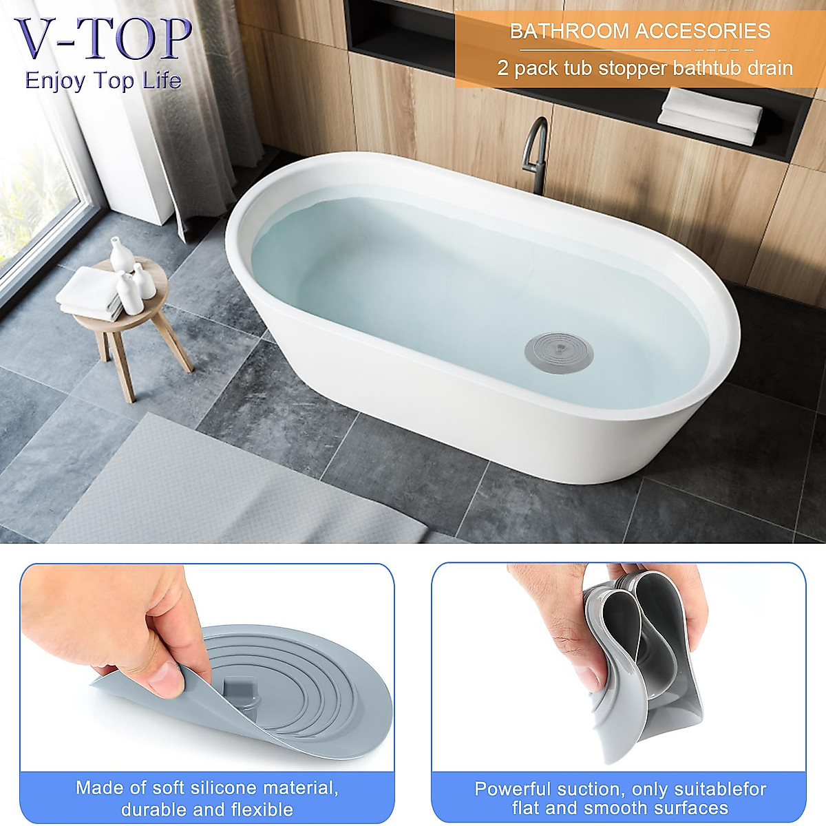 Shower Drain Hair Catcher Tub Stopper, V-TOP Drain Cover for Shower to Catcher Hair, Silicone Bathtub Drain Plug Suit for Bathroom Kitchen and Laundry, 4 Pack